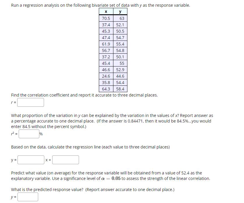Solved Run a regression analysis on the following bivariate | Chegg.com