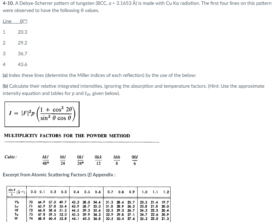 Solved 4-10. A Debye-Scherrer pattern of tungsten | Chegg.com