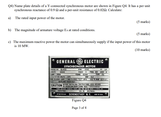 Solved Q4) Name plate details of a Y-connected synchronous | Chegg.com