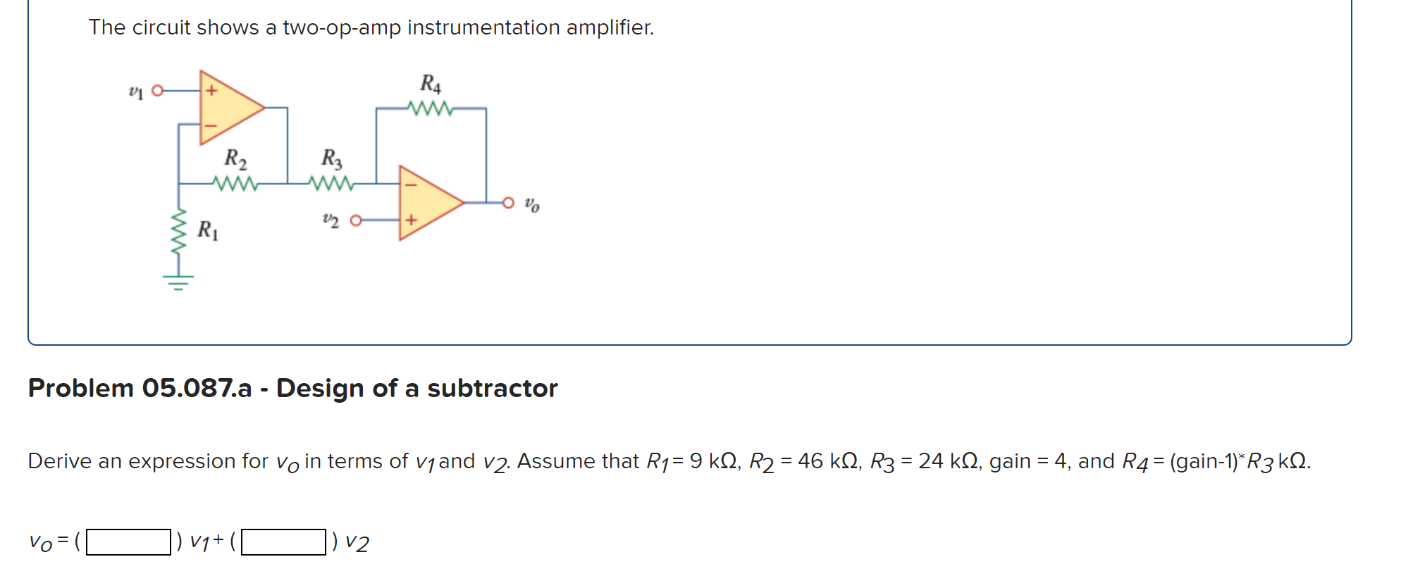 Solved The circuit shows a two-op-amp instrumentation | Chegg.com