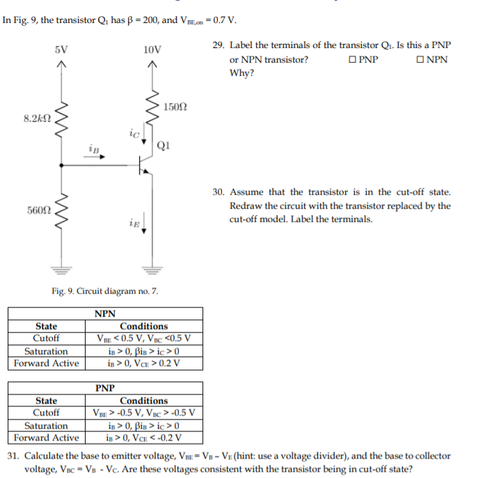 Solved In Fig. 9, the transistor Q, has B = 200, and VBE, on | Chegg.com