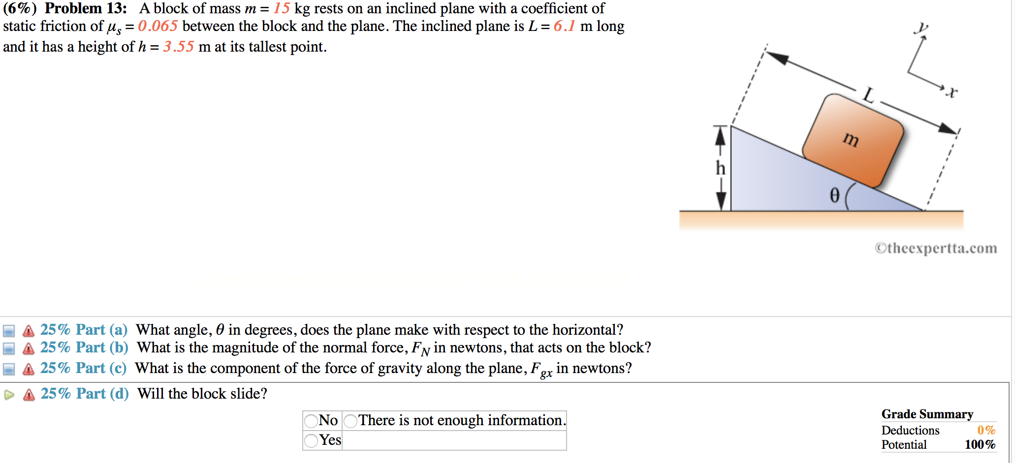 Solved (6%) Problem 13: A block of mass m = 15 kg rests on | Chegg.com