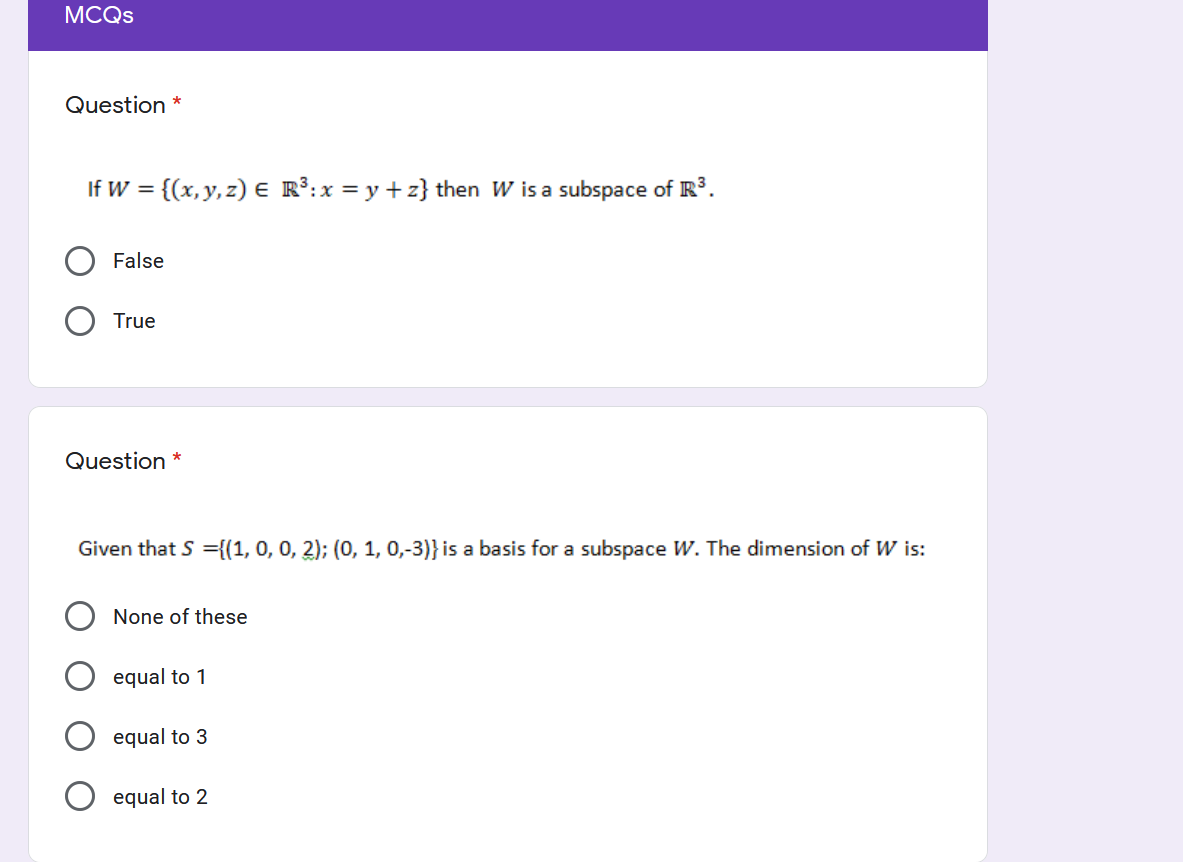 Solved MCQs Question * If W = {(x, y, z) e R:x = y +z} then | Chegg.com