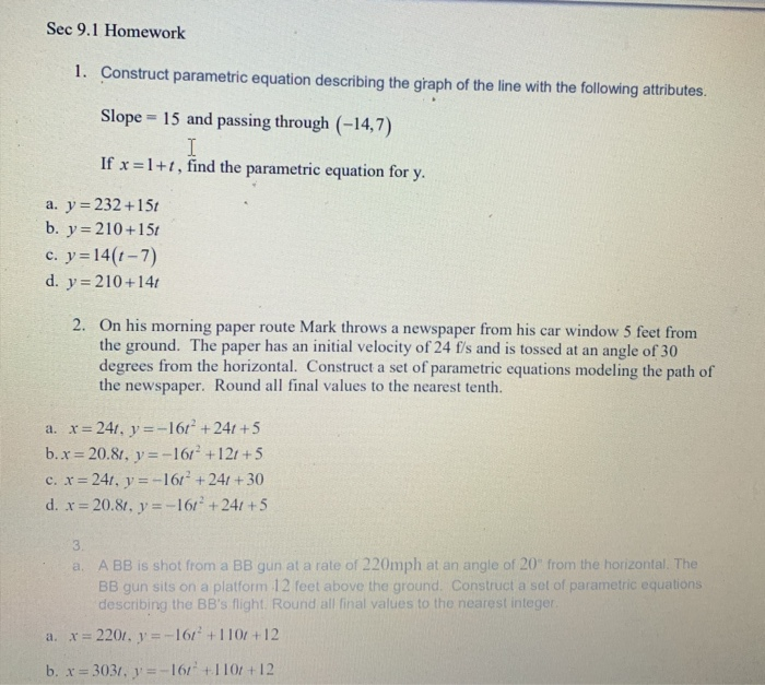 Solved Sec 9.1 Homework 1. Construct parametric equation | Chegg.com