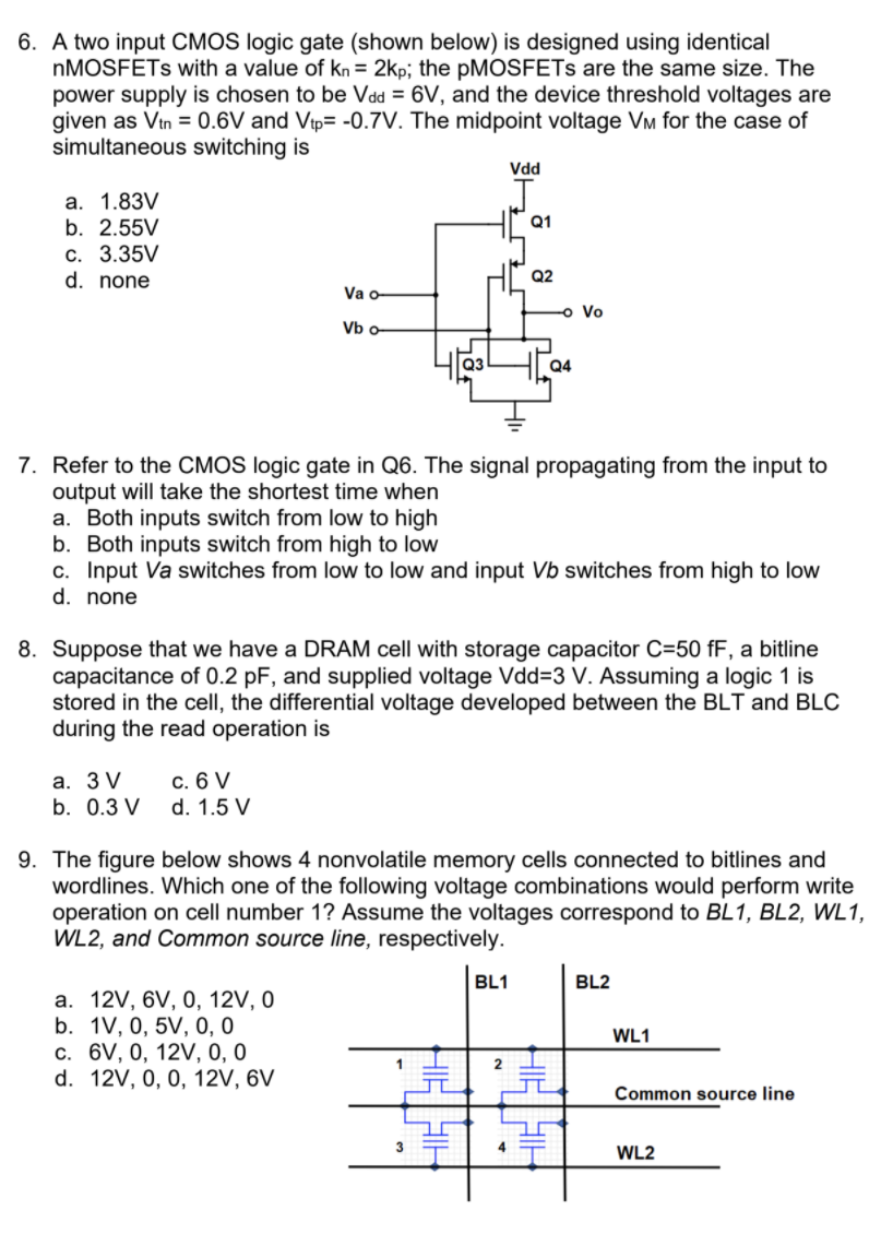 Solved 6 A Two Input Cmos Logic Gate Shown Below Is 