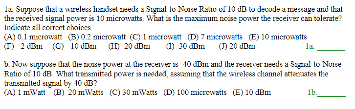 Solved 1a. Suppose that a wireless handset needs a | Chegg.com