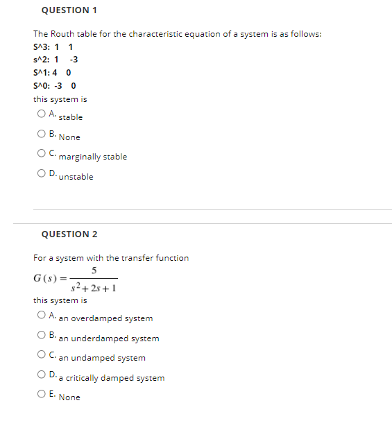 Solved QUESTION 1 The Routh table for the characteristic | Chegg.com