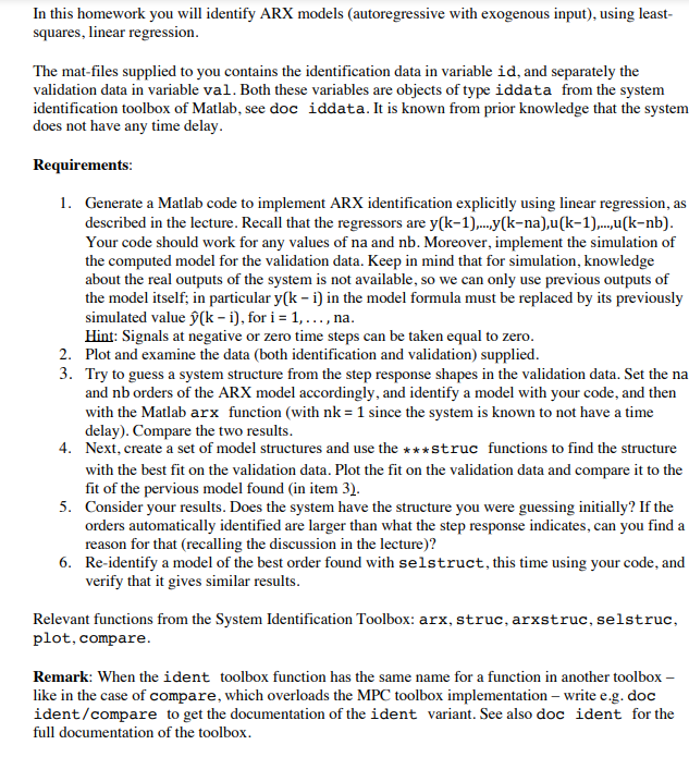 Solved In this homework you will identify ARX models | Chegg.com
