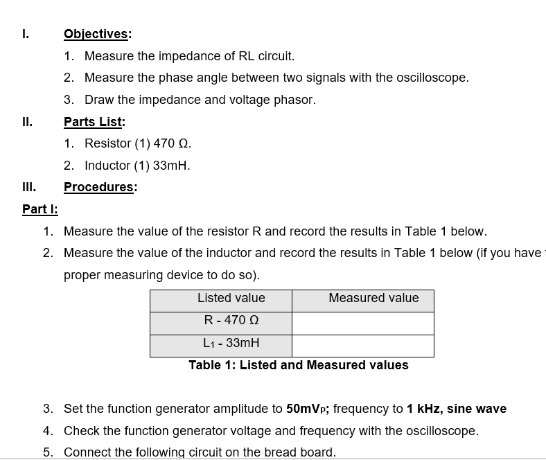 Solved I. Objectives: 1. Measure the impedance of RL | Chegg.com