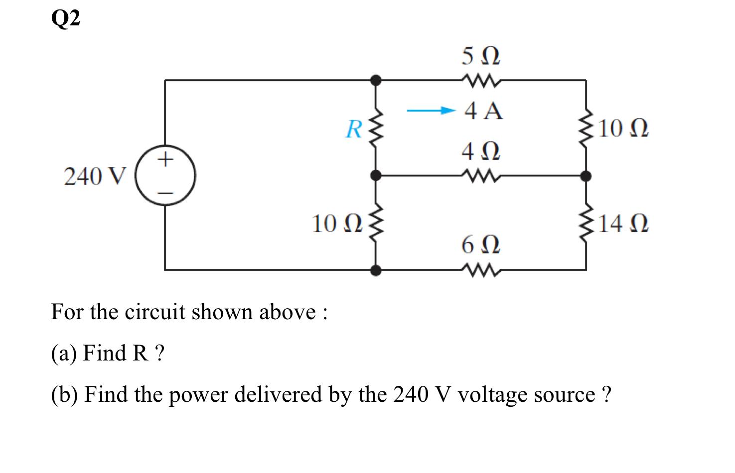 Solved Q2 5 Ω 4A R: R 10 Ω 4 Ω + 240 V 10 ΩΣ Σ14 Ω 602 For | Chegg.com