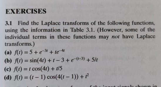 Solved EXERCISES 3.1 Find the Laplace transforms of the | Chegg.com