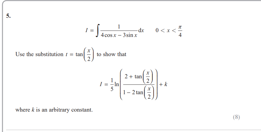 Solved I=∫4cosx−3sinx1 dx0 | Chegg.com