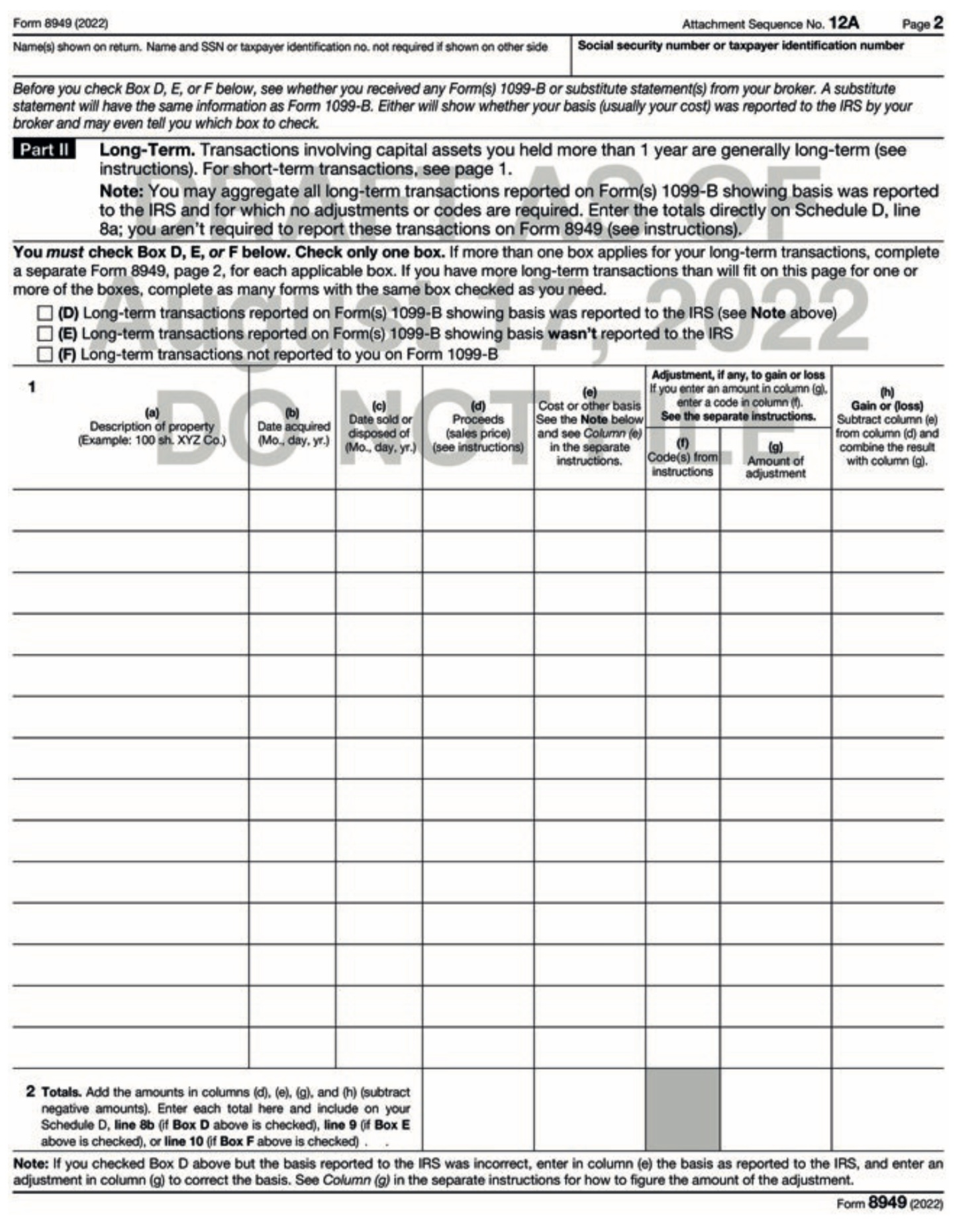 Form 8949 (2022) Attachment Sequence No. 12A Page 2 | Chegg.com