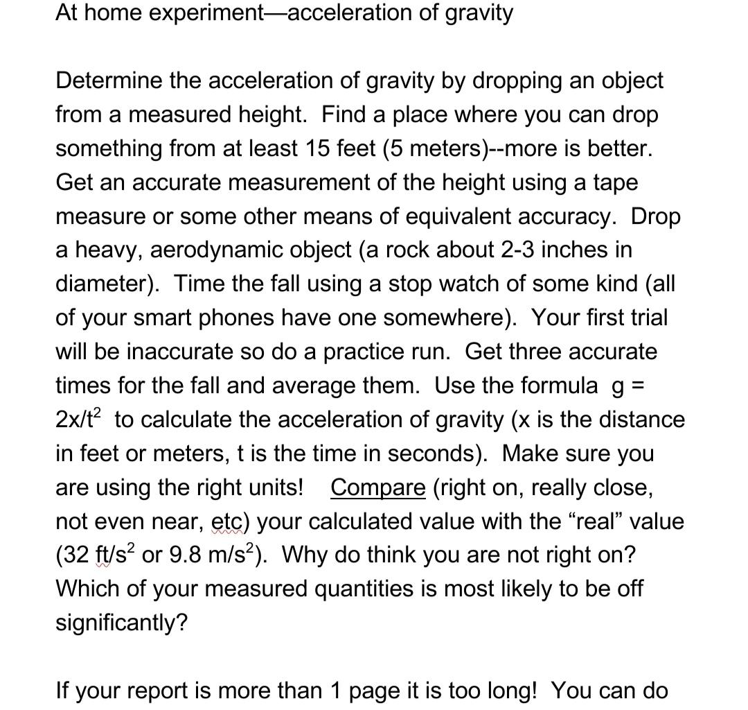 Solved At home experiment-acceleration of gravity Determine | Chegg.com