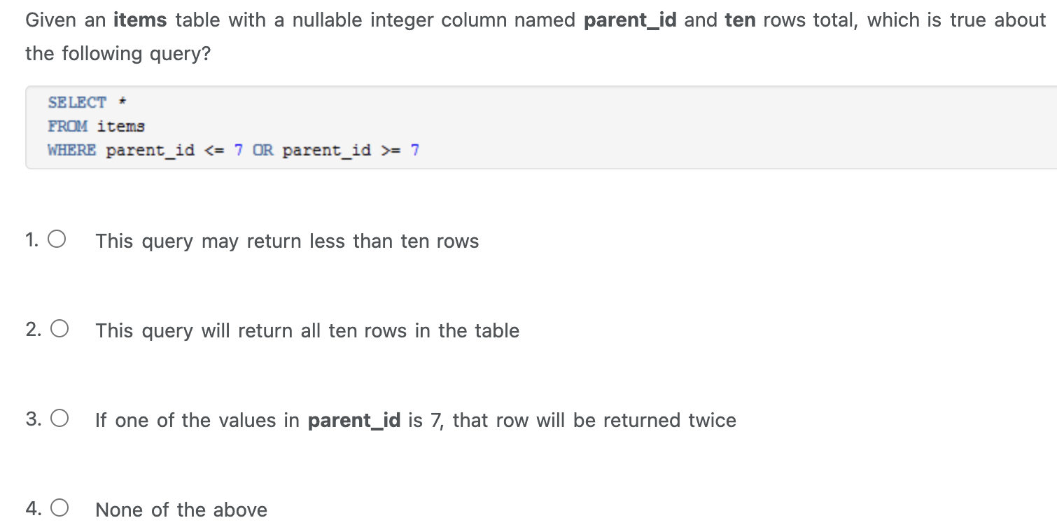 Solved Given An Items Table With A Nullable Integer Column