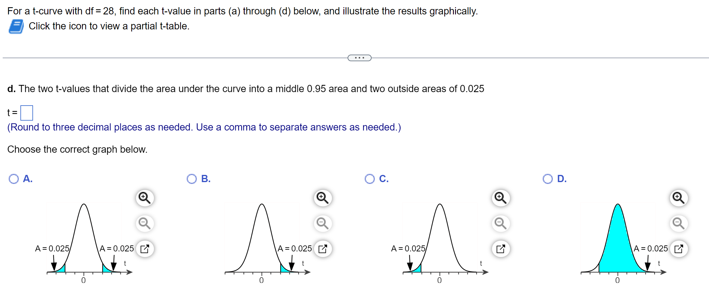 Solved - For a t-curve with df = 28, find each t-value in | Chegg.com