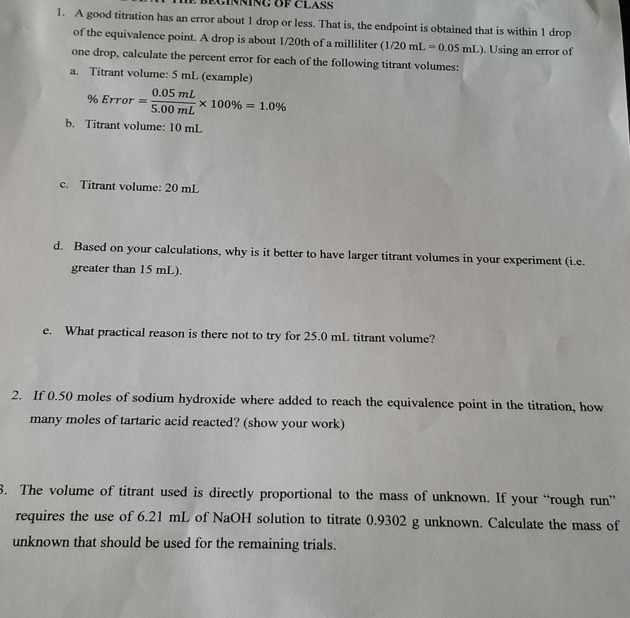 Solved BEGINNING OF CLASS A good titration has an error | Chegg.com