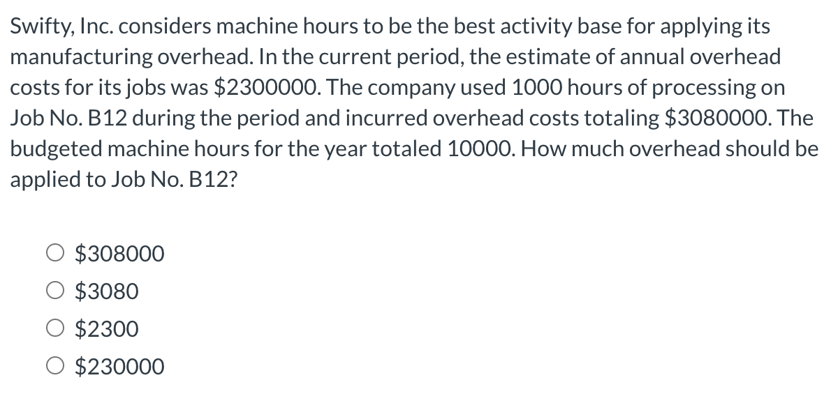 Solved Swifty, Inc. considers machine hours to be the best | Chegg.com