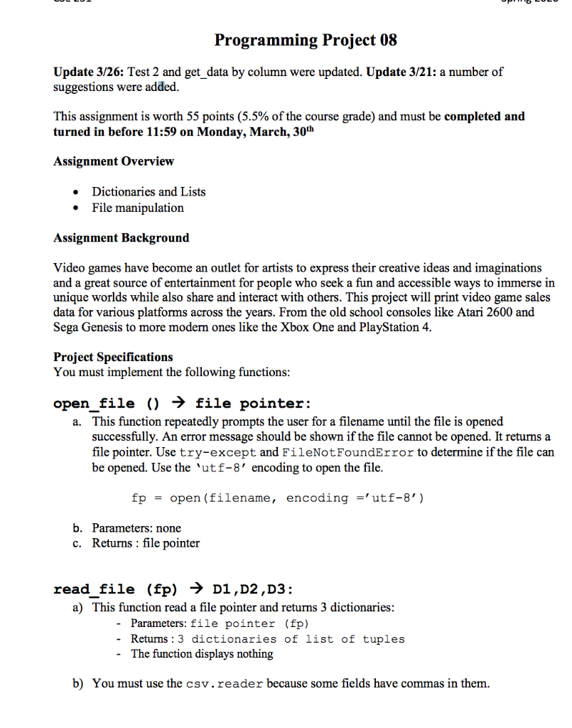Programming Project 08 Update 3/26: Test 2 and | Chegg.com