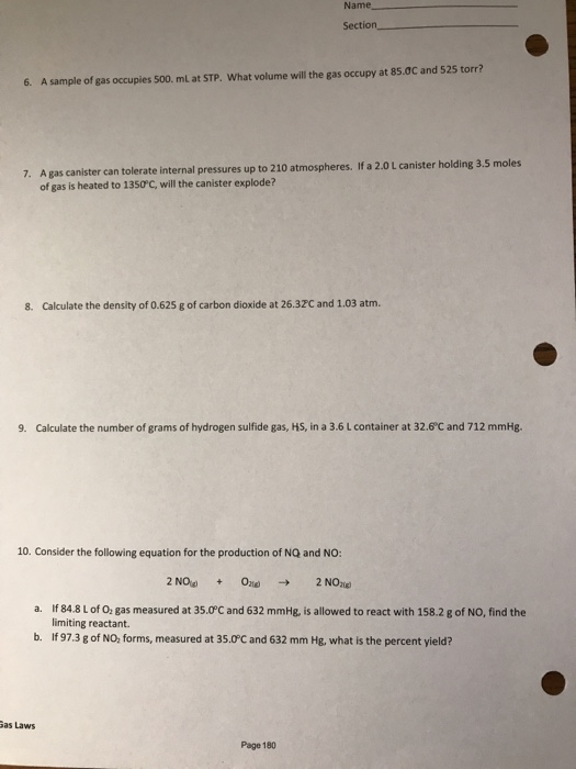 Solved 8. GAS LAWS The initial volume of a gas at a pressure | Chegg.com