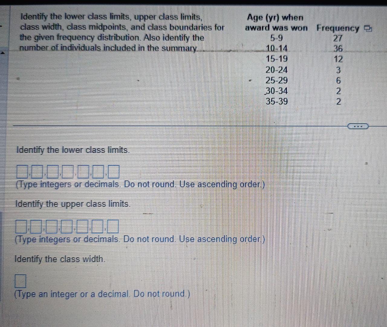 Solved Identify the lower class limits. (Type integers or | Chegg.com