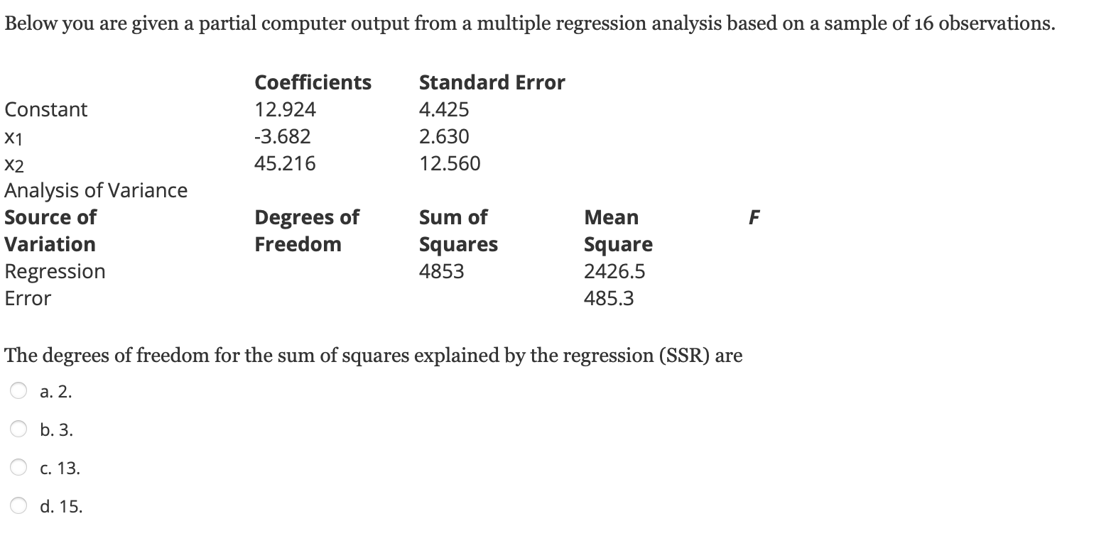 Solved Below you are given a partial computer output from a | Chegg.com