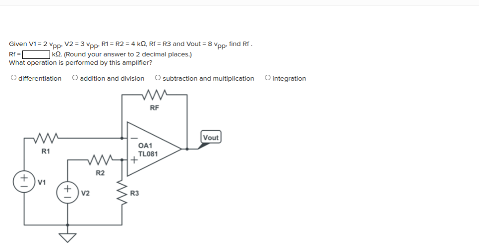 Solved Given V1 = 2 Vpp, V2 = 3 Vpp, R1 = R2 = 4 k-2, RT = | Chegg.com