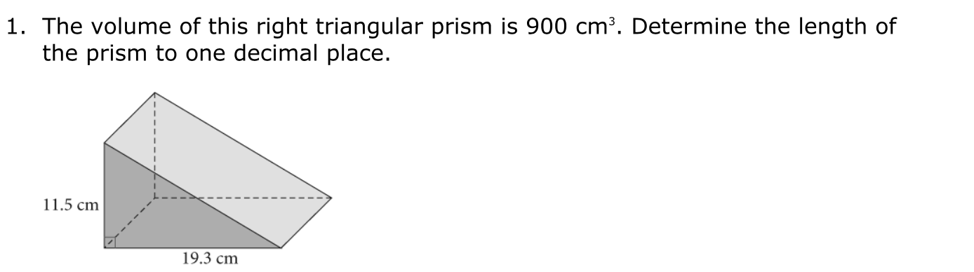 Solved 1. The volume of this right triangular prism is 900 | Chegg.com