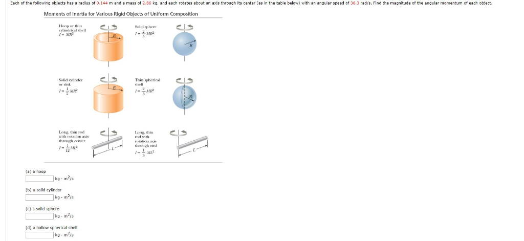 Solved Each of the following objects has a radius of 0.144 m | Chegg.com