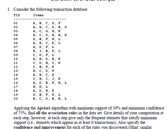 Solved 1. Consider the following transaction database: | Chegg.com