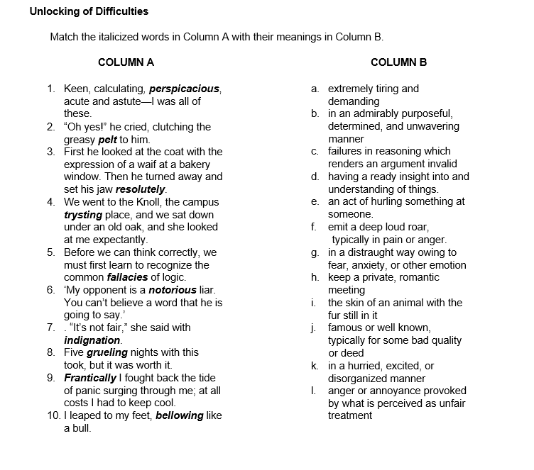 Solved Unlocking of Difficulties Match the italicized words | Chegg.com