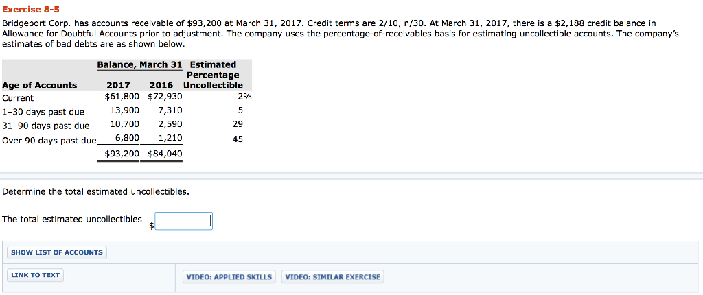 Solved Exercise 8-5 Bridgeport Corp. has accounts receivable | Chegg.com