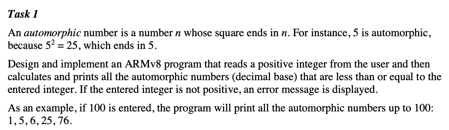 Solved Task 1 = An automorphic number is a number n whose | Chegg.com