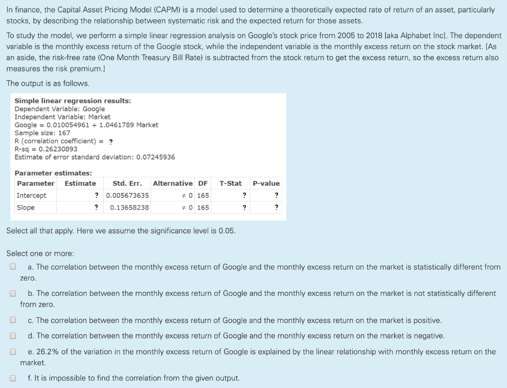 Solved In finance, the Capital Asset Pricing Model (CAPM) is | Chegg.com