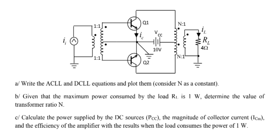 Consider a class-B push-pull power amplifier as shown | Chegg.com