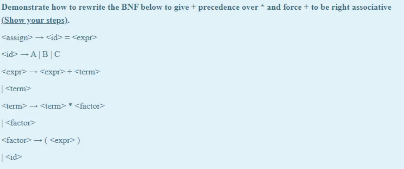 Solved Demonstrate how to rewrite the BNF below to give + | Chegg.com