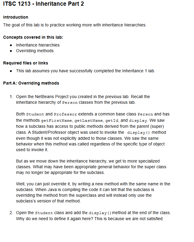 Solved ITSC 1213 - Inheritance Part 2 Introduction The goal | Chegg.com