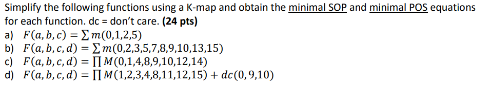 Solved Simplify The Following Functions Using A K Map And