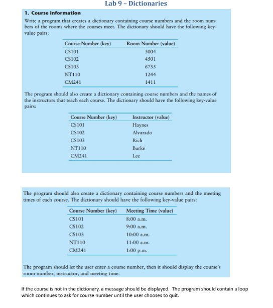 Solved Lab 9 dictionariescourse Informationwrite A