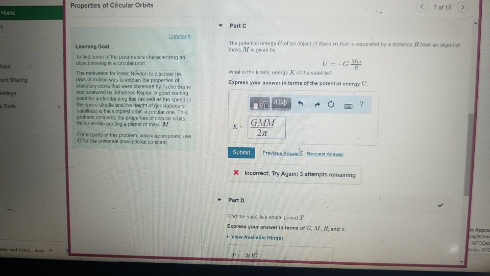 Solved Properties of Circular Orbits Home Part C Constants | Chegg.com
