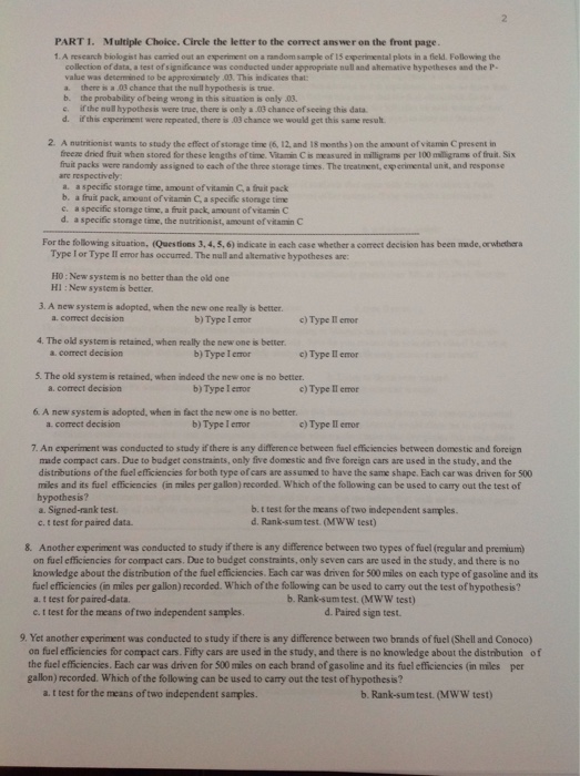 Solved PART 1. Multiple Choice. Circle the letter to the | Chegg.com