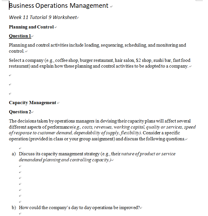 Solved Business Operations Management Week 11 Tutorial 9 | Chegg.com