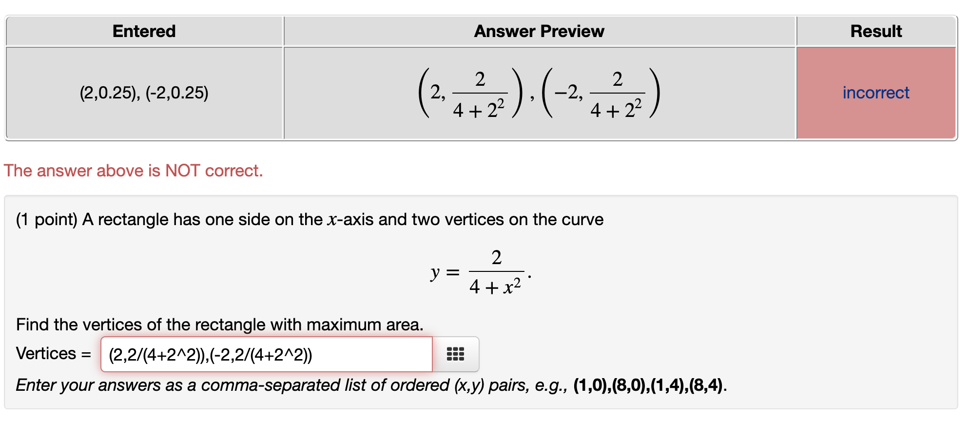 Solved Entered Answer Preview Result (2,0.25), (-2,0.25) 2 | Chegg.com