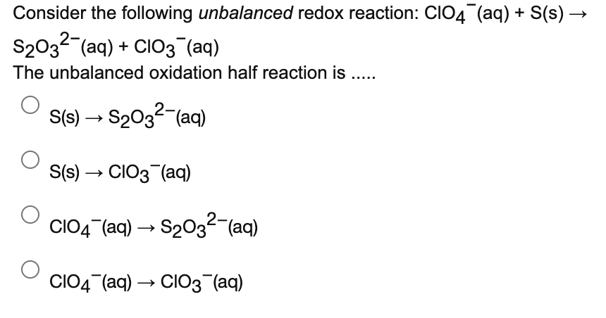 Solved Consider the following unbalanced redox reaction: | Chegg.com