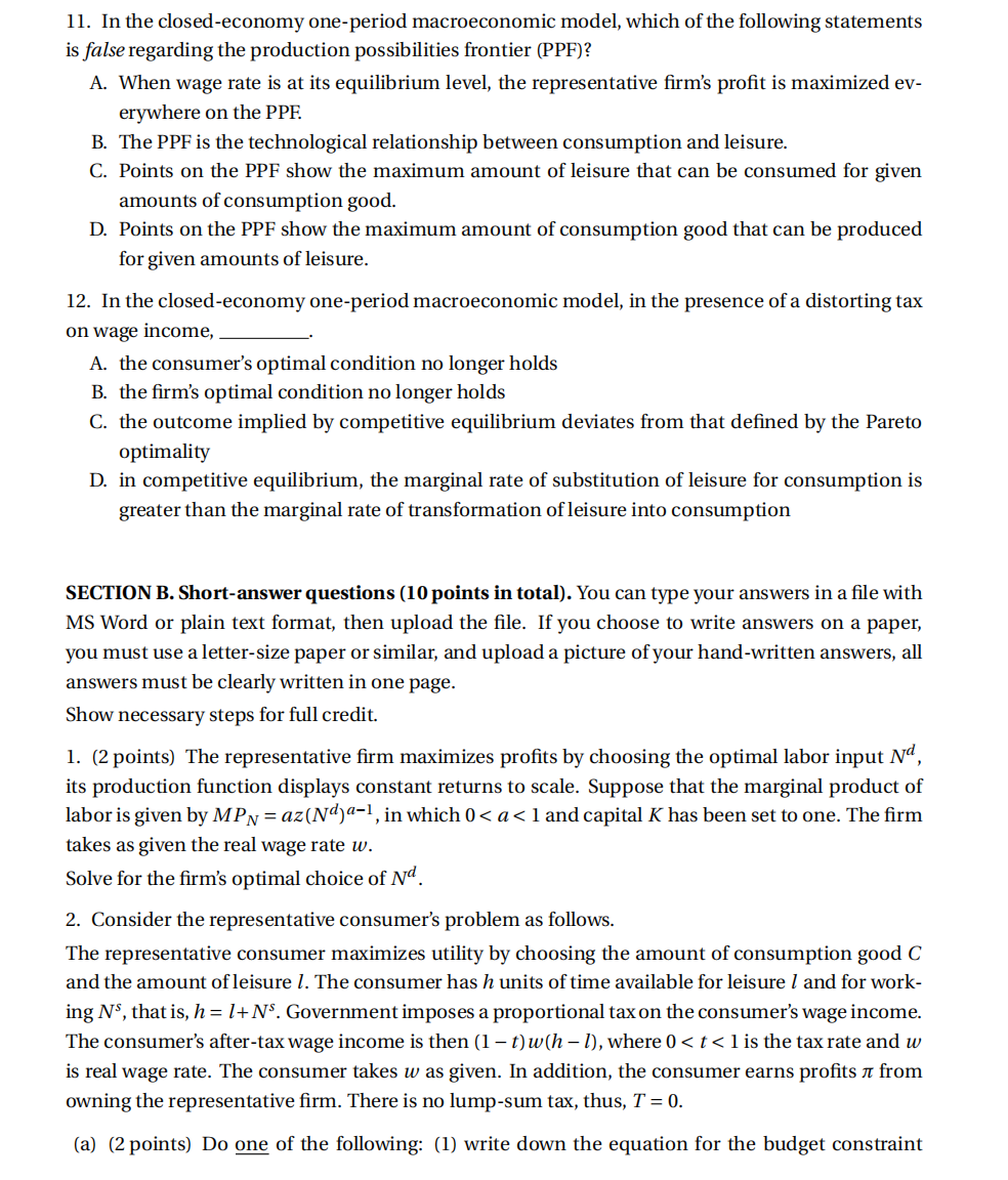 11. In the closed-economy one-period macroeconomic | Chegg.com