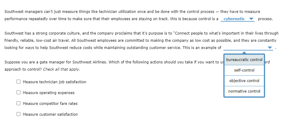 Solved Southwest managers can't just measure things like | Chegg.com
