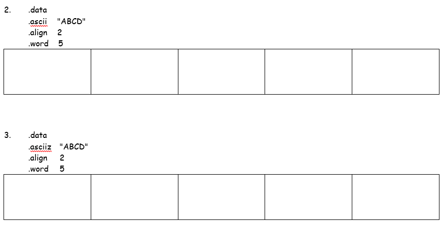 Solved 2. data ascii "ABCD" align 2 .word 5 WA 3. .data | Chegg.com