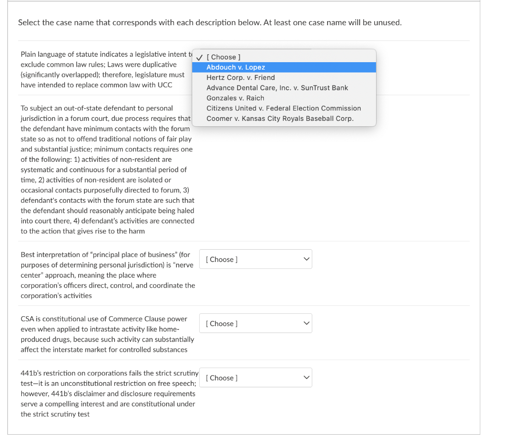 Solved Select the case name that corresponds with each | Chegg.com