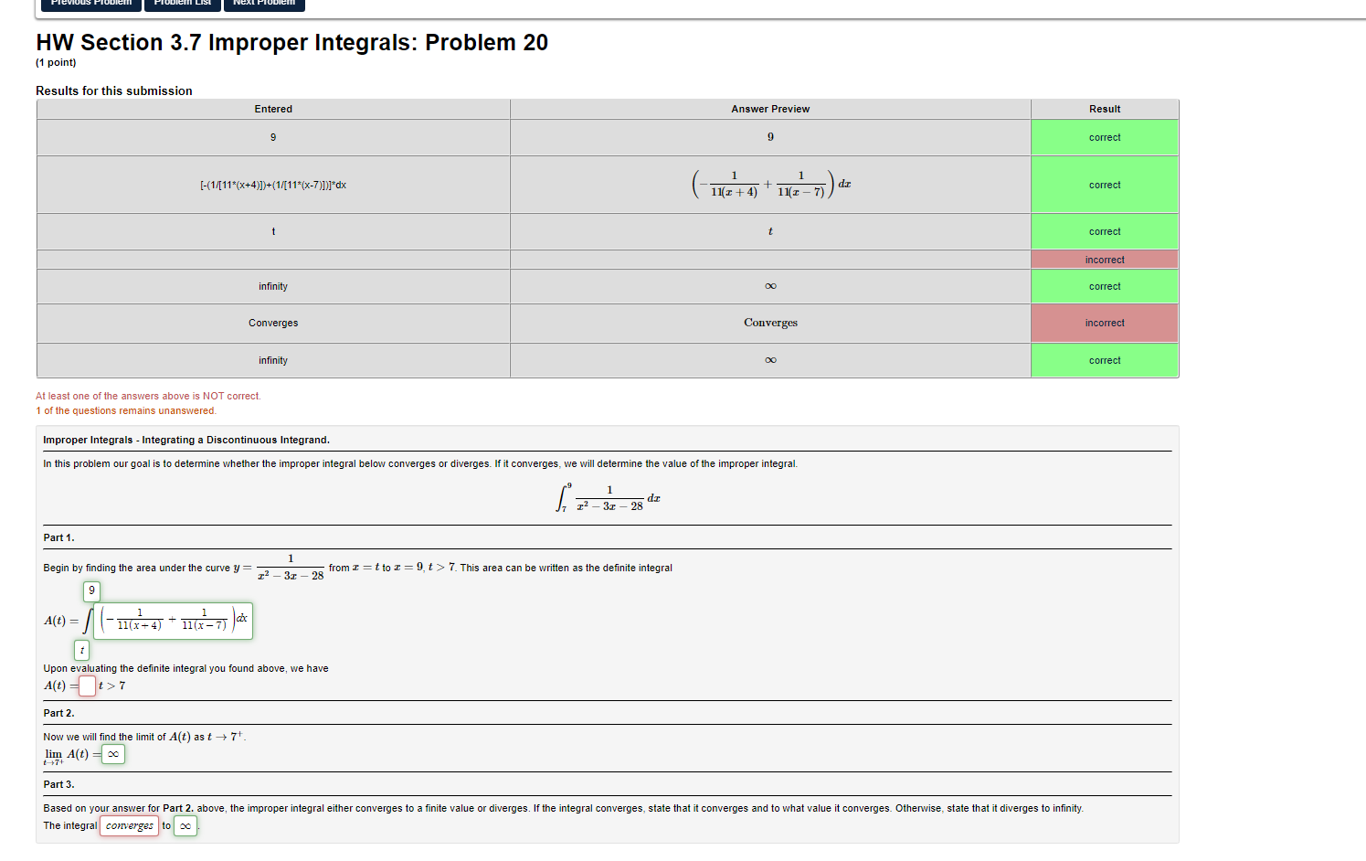 Solved HW Section 3.7 Improper Integrals: Problem 20 (1 | Chegg.com