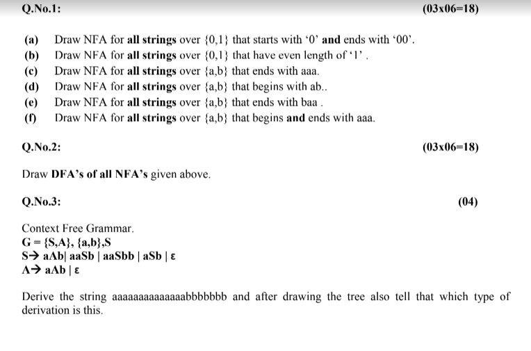 Solved Q.No.1: (03x06-18) (a) Draw NFA for all strings over | Chegg.com